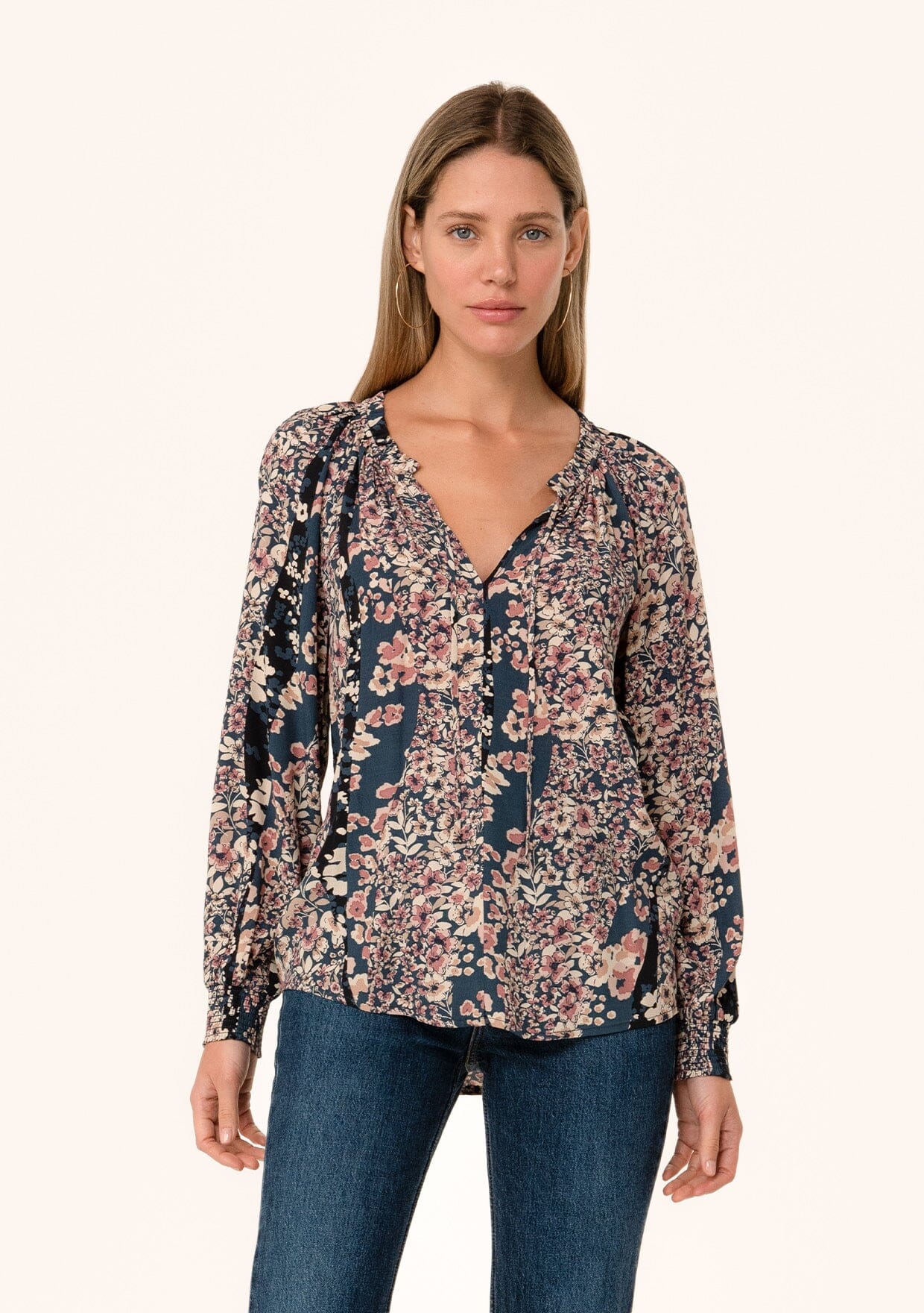 Women's Bohemian Fall Blue & Pink Floral Print Blouse | LOVESTITCH