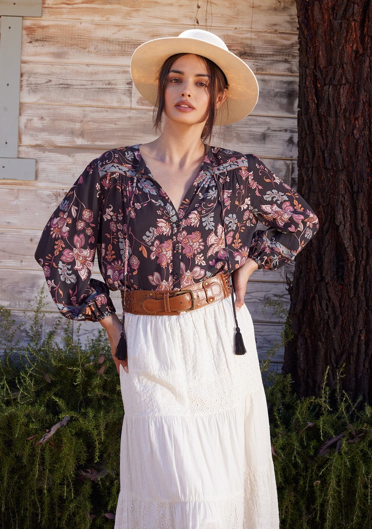 Women's Brown & Lilac Purple Floral Boho Blouse | LOVESTITCH