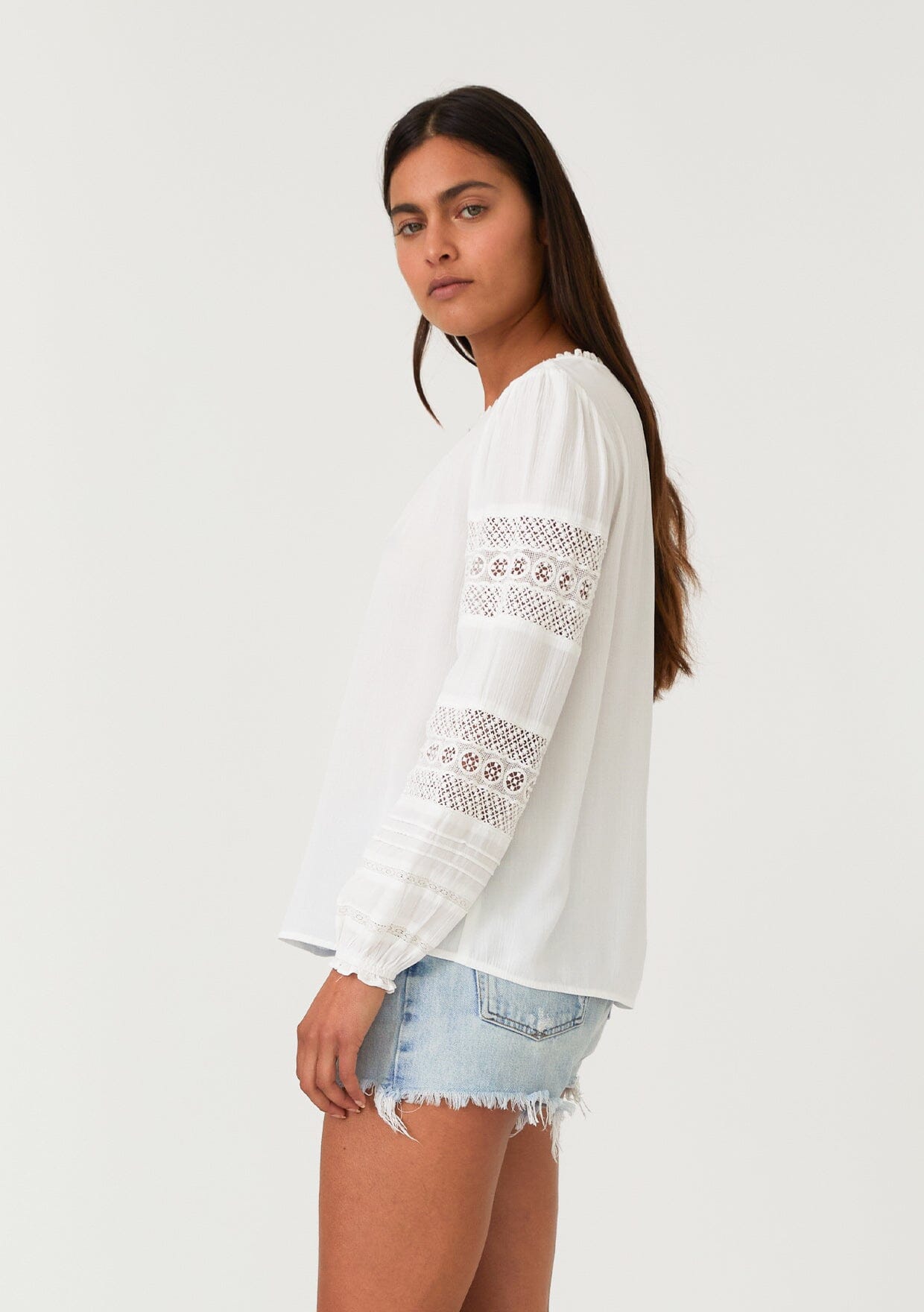 White Bohemian Flowy Long Sleeve Lace Trim Blouse | LOVESTITCH