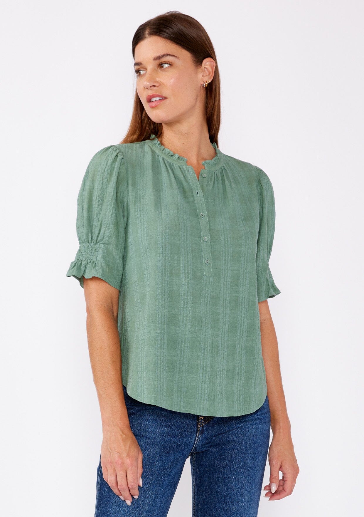 Women's Pretty High Ruffled Neck Button-Front Blouse | LOVESTITCH