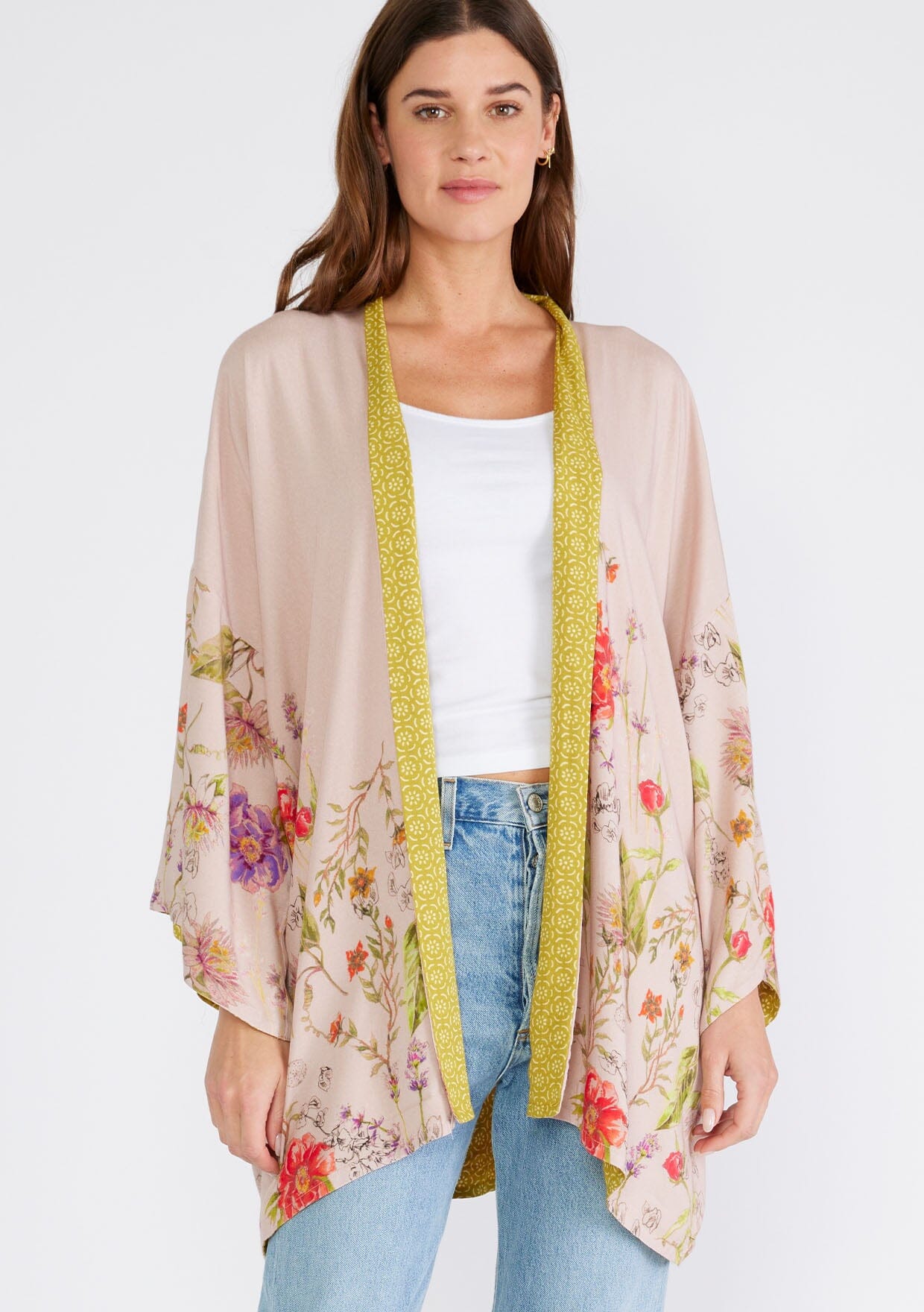 Women's Reversible Bohemian Pink & Green Printed Kimono - LOVESTITCH