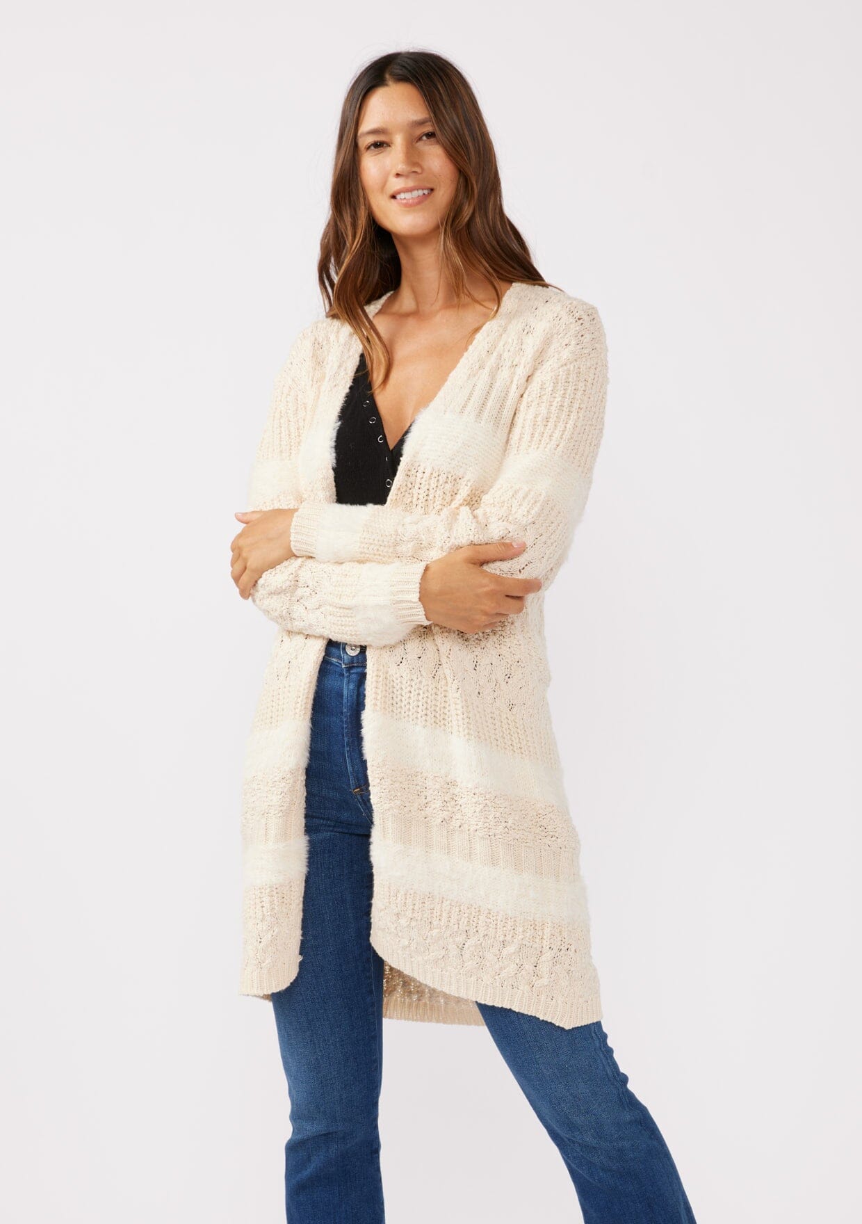 Women's Natural Textured Patchwork Knit Cardigan | LOVESTITCH