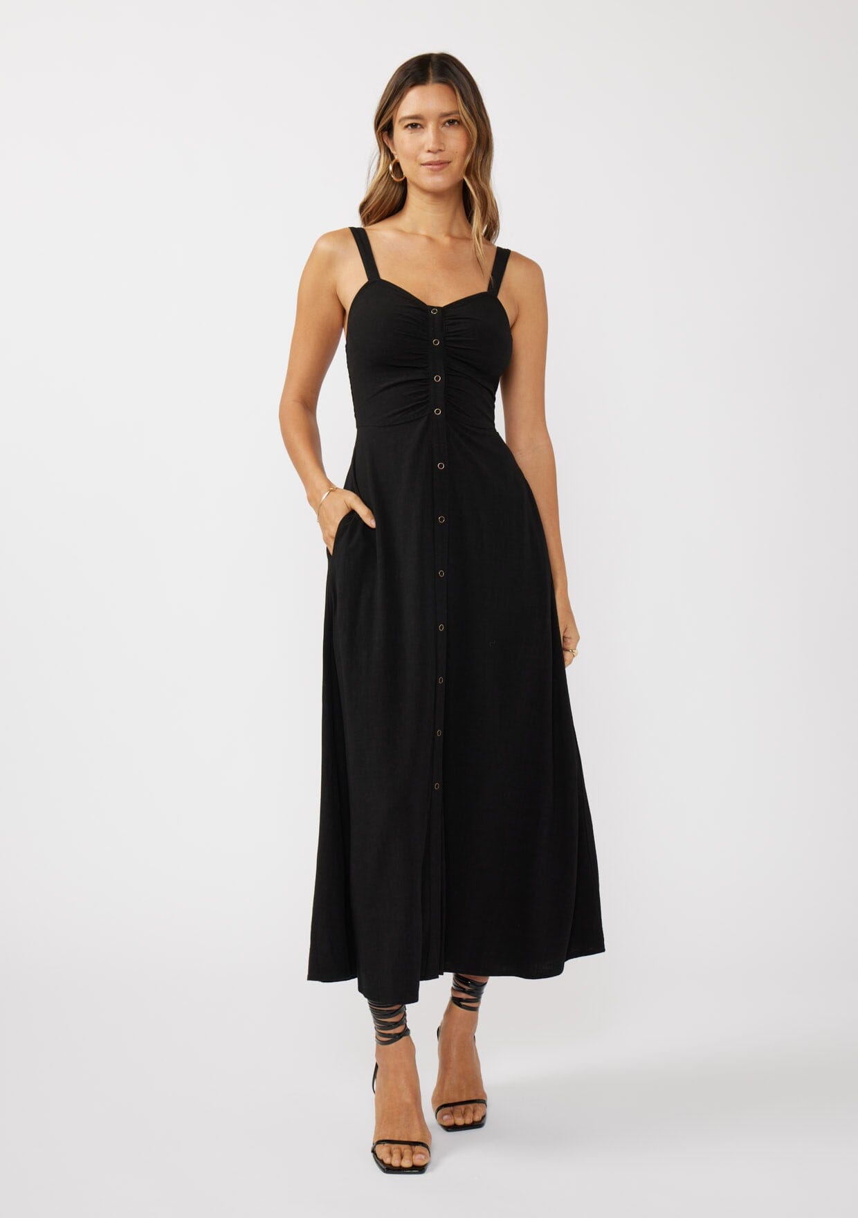 Women's Black Sleeveless Maxi Dress + Button Front | LOVESTITCH