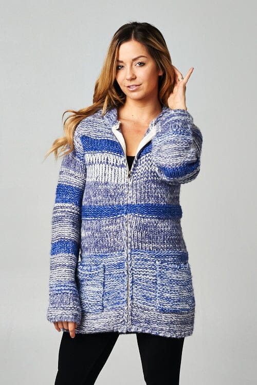 Blue Chunky Knit Zip-Up Hoodie Sweater | LOVESTITCH