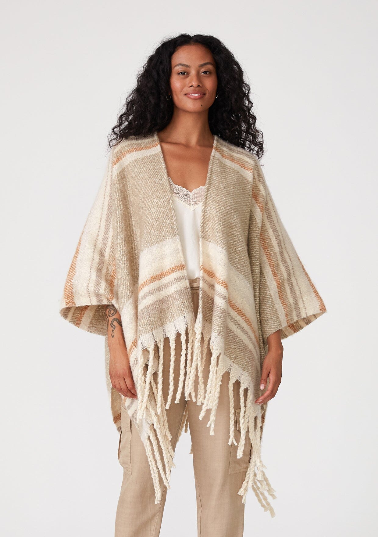Women's Neutral Striped Fringed Sweater Shawl | LOVESTITCH