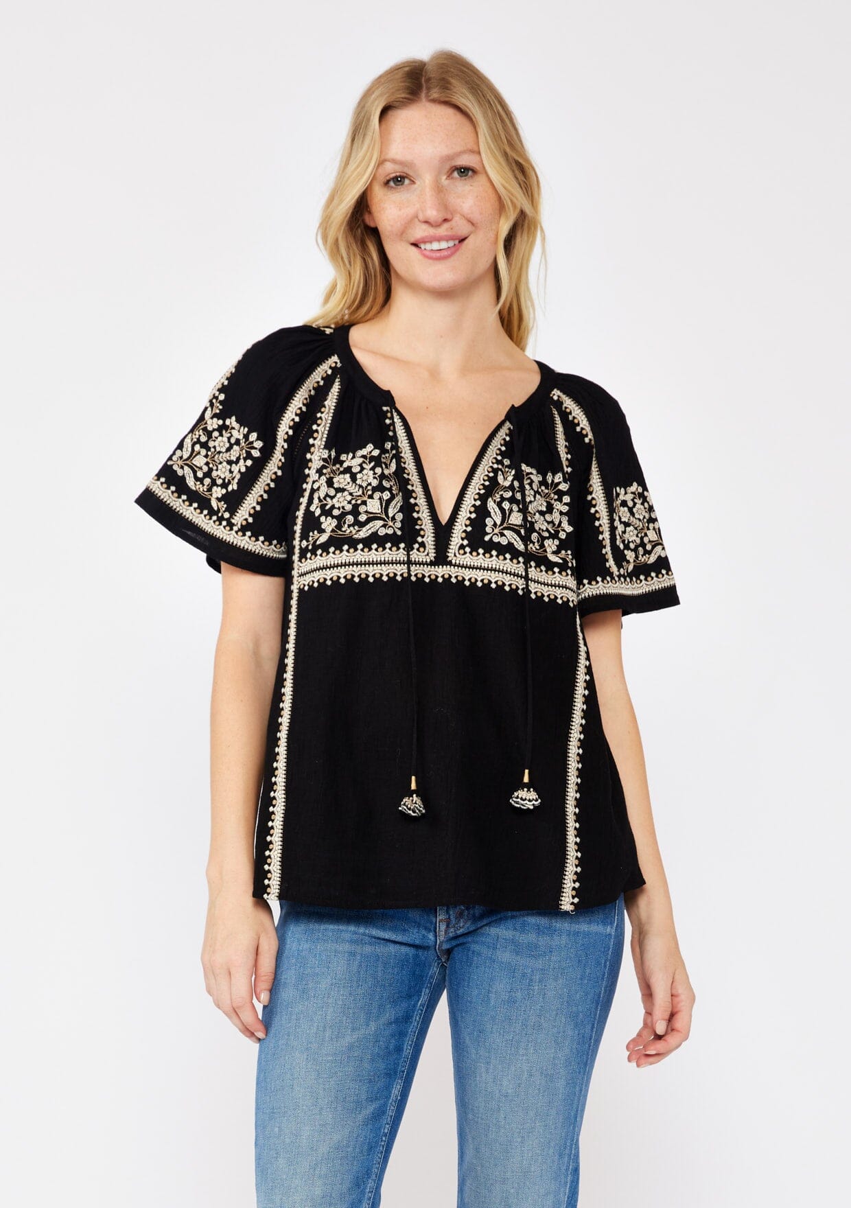 Embroidered Raglan Short Sleeve Split Neck Top - LOVESTITCH