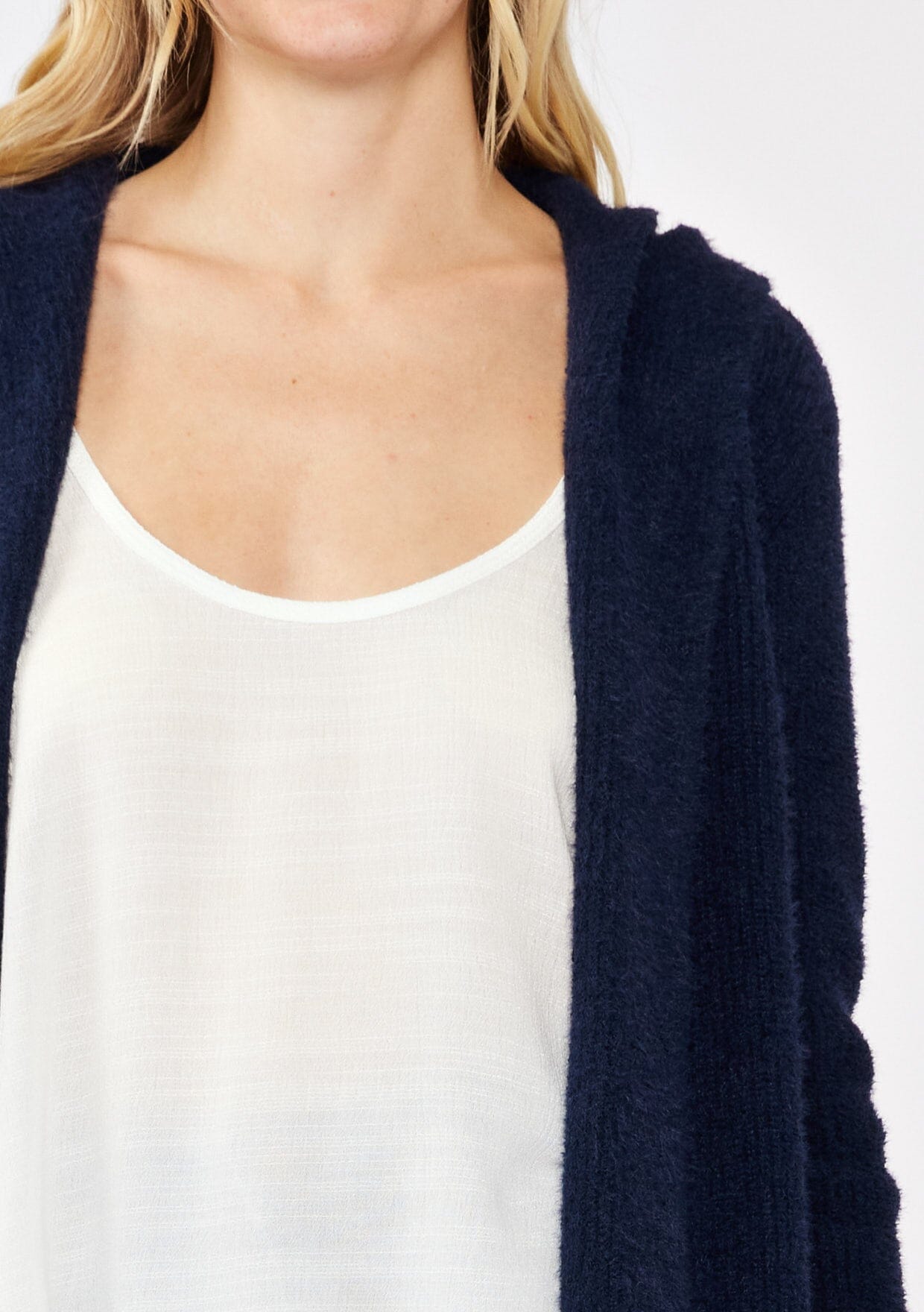 Women's Navy Fuzzy & Soft Hooded Cardigan | LOVESTITCH