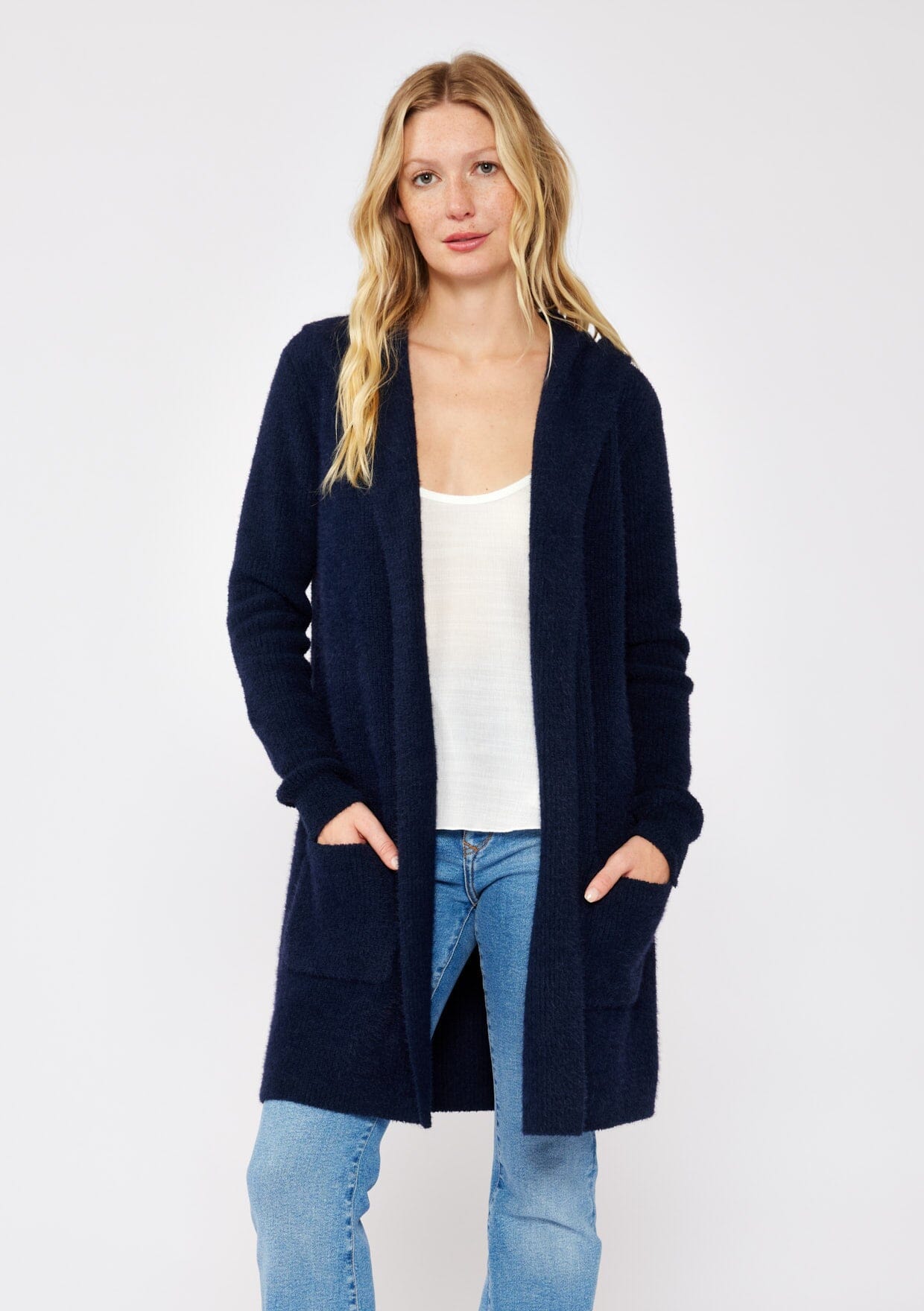 Women's Navy Fuzzy & Soft Hooded Cardigan | LOVESTITCH