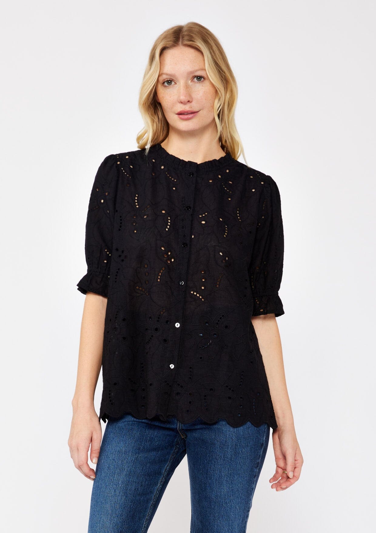 Women's Pretty High Ruffled Neck Button-Front Blouse | LOVESTITCH
