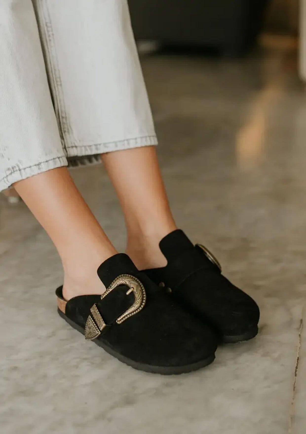 GENUINS - Casual Black Leather Huma Clog + Cowboy Buckle | LOVESTITCH