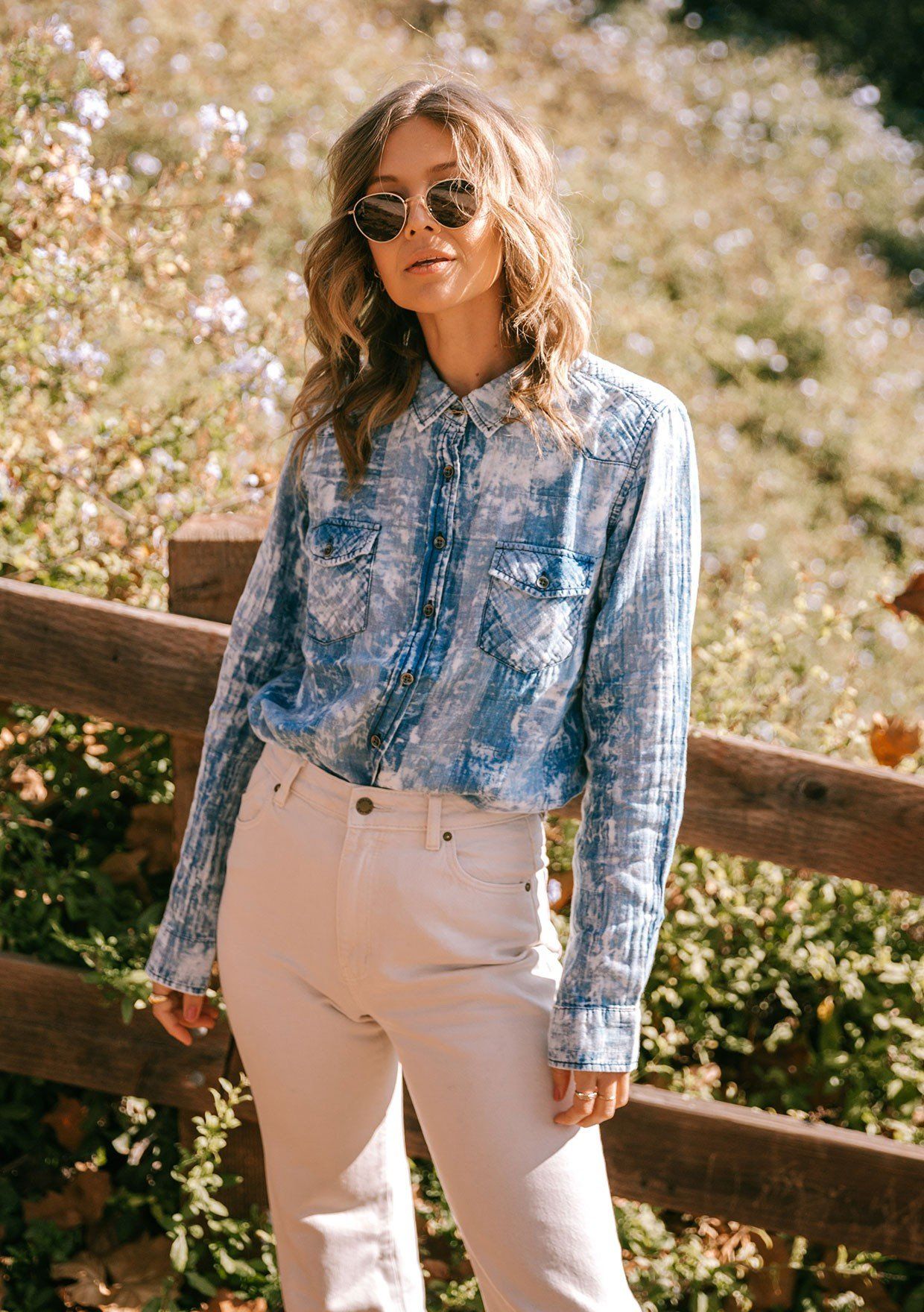 Bleached Out Blue Plaid Button Up Shirt | LOVESTITCH
