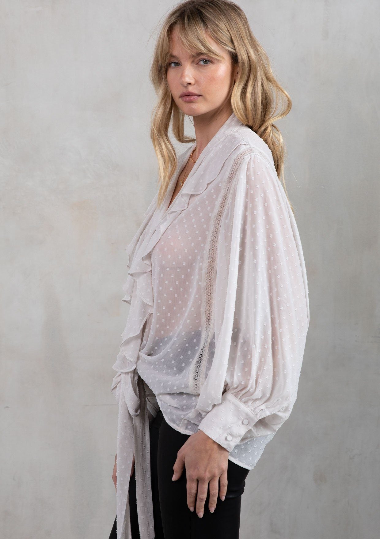 Boho Sheer Ruffled Tie-Front Blouse | LOVESTITCH