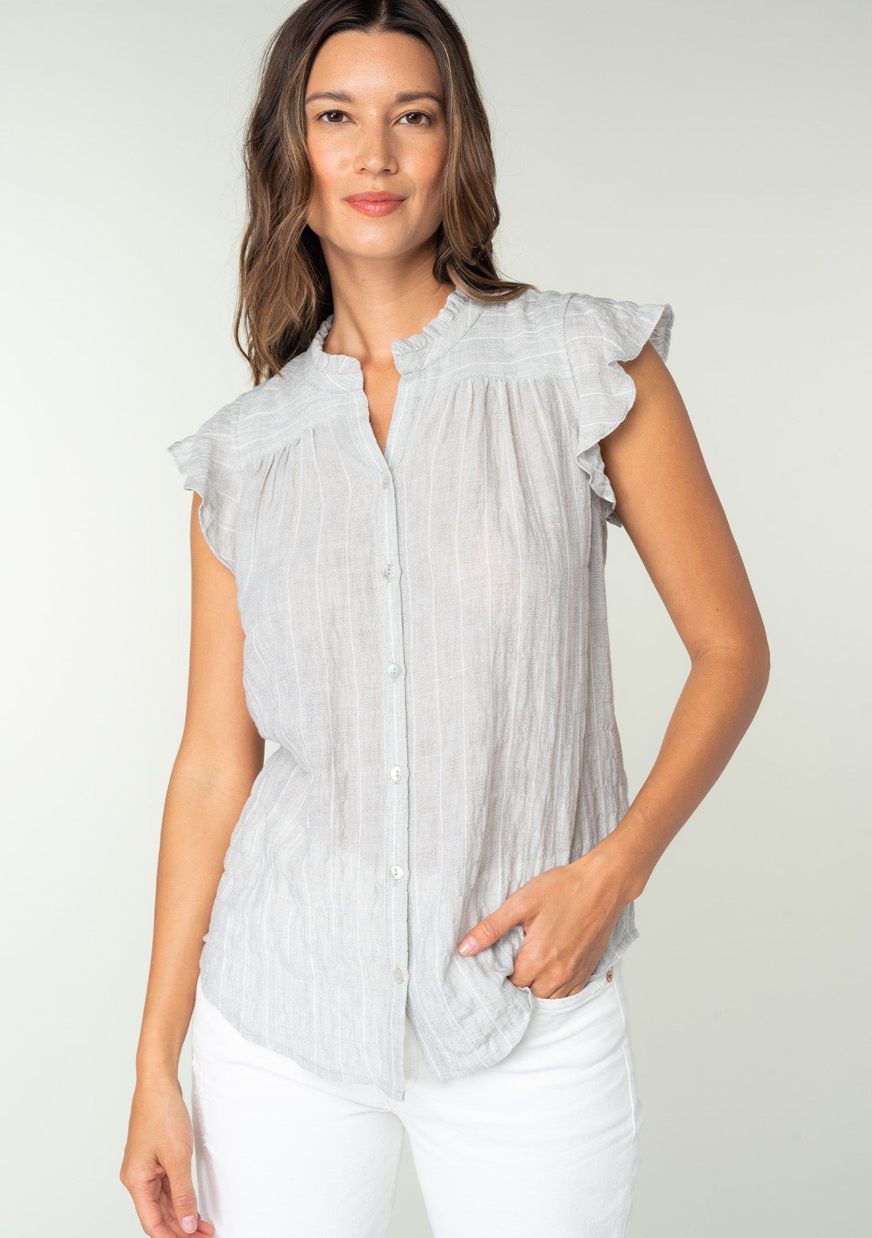 Best-Selling Cotton Flutter Sleeve Button Front Top - LOVESTITCH