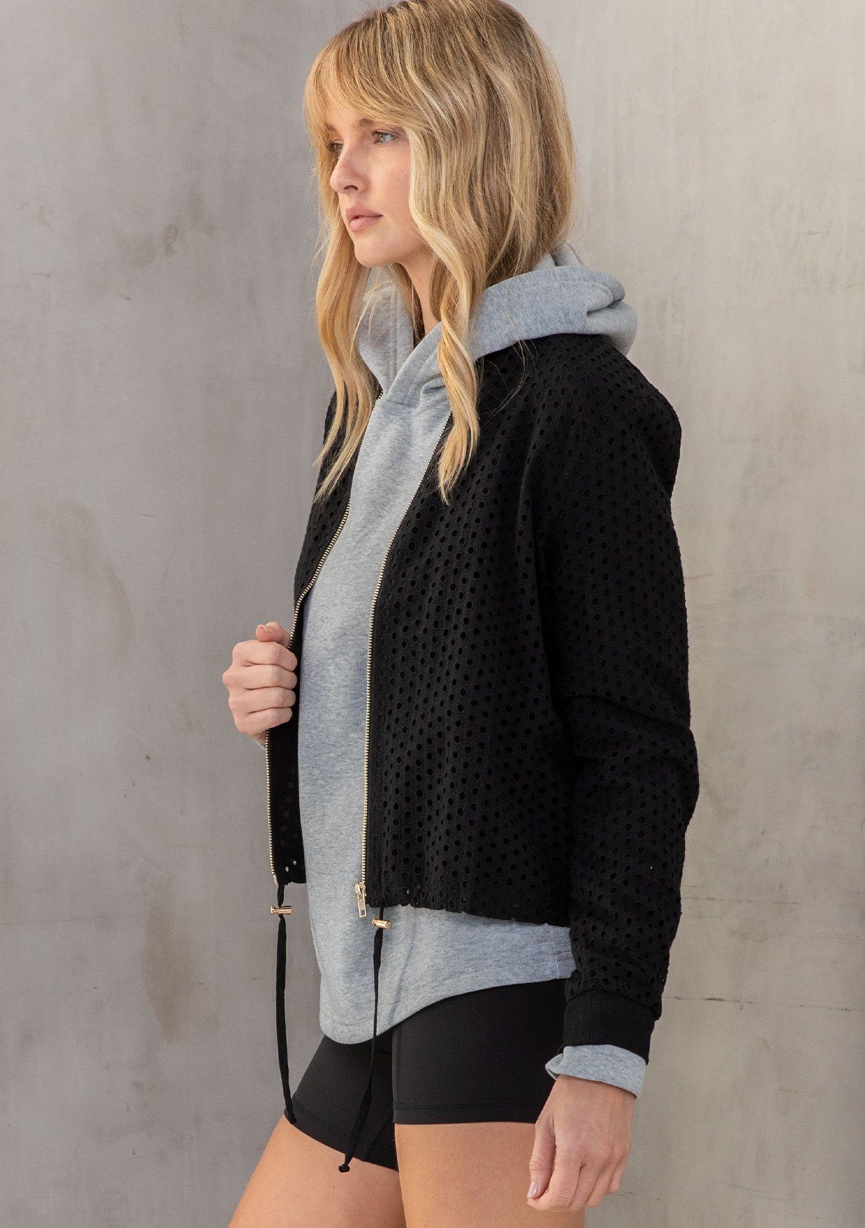 Black Cotton Eyelet Bomber Jacket | LOVESTITCH