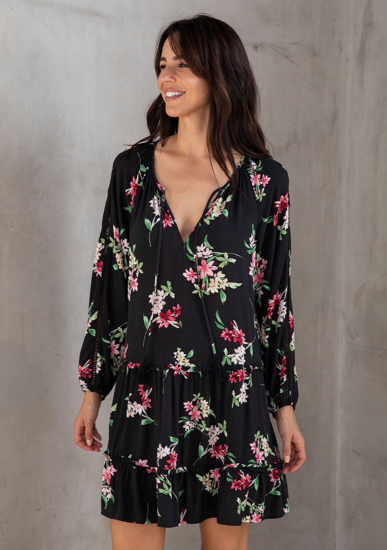 Black & Pink Floral Bohemian Mini Dress | LOVESTITCH