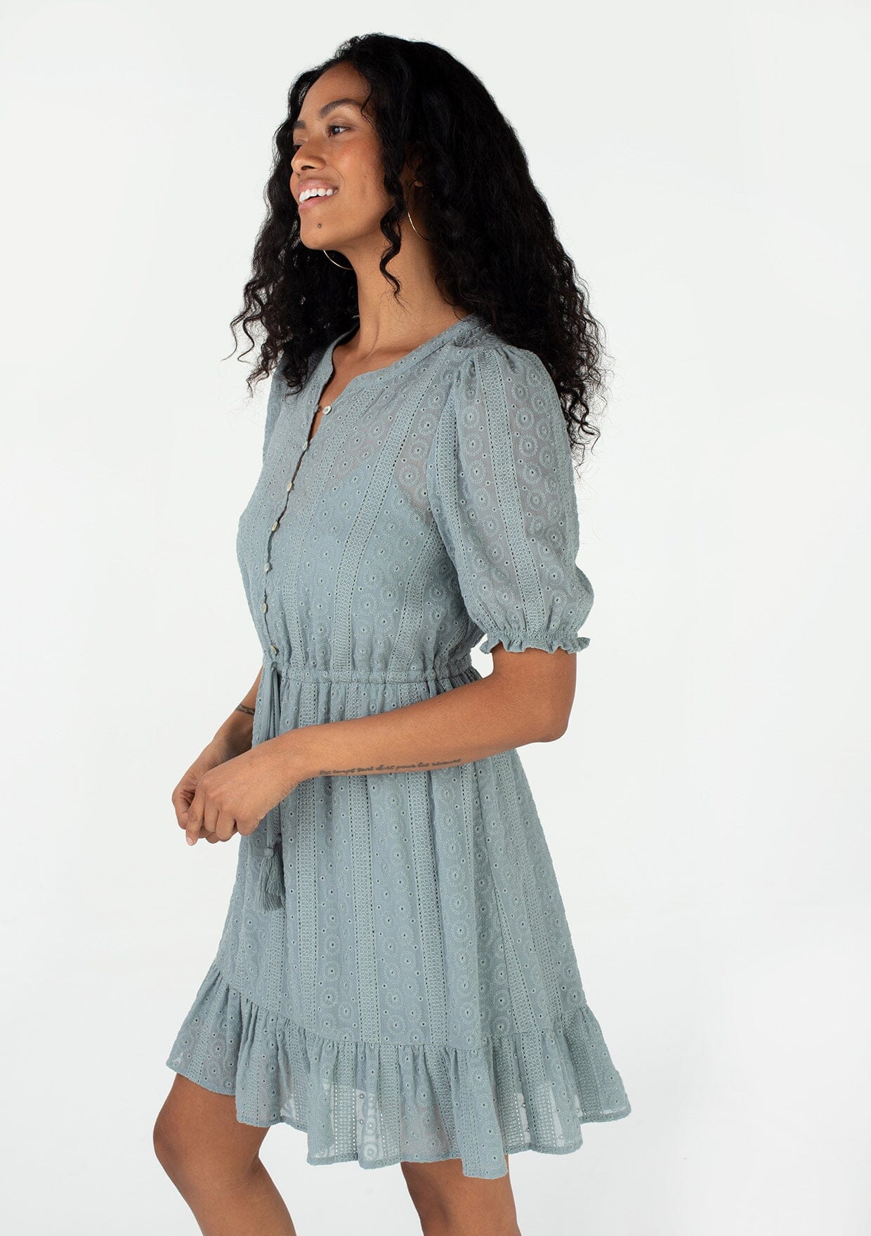 Women's Pretty Spring Mini Dress in Dusty Teal Eyelet | LOVESTITCH