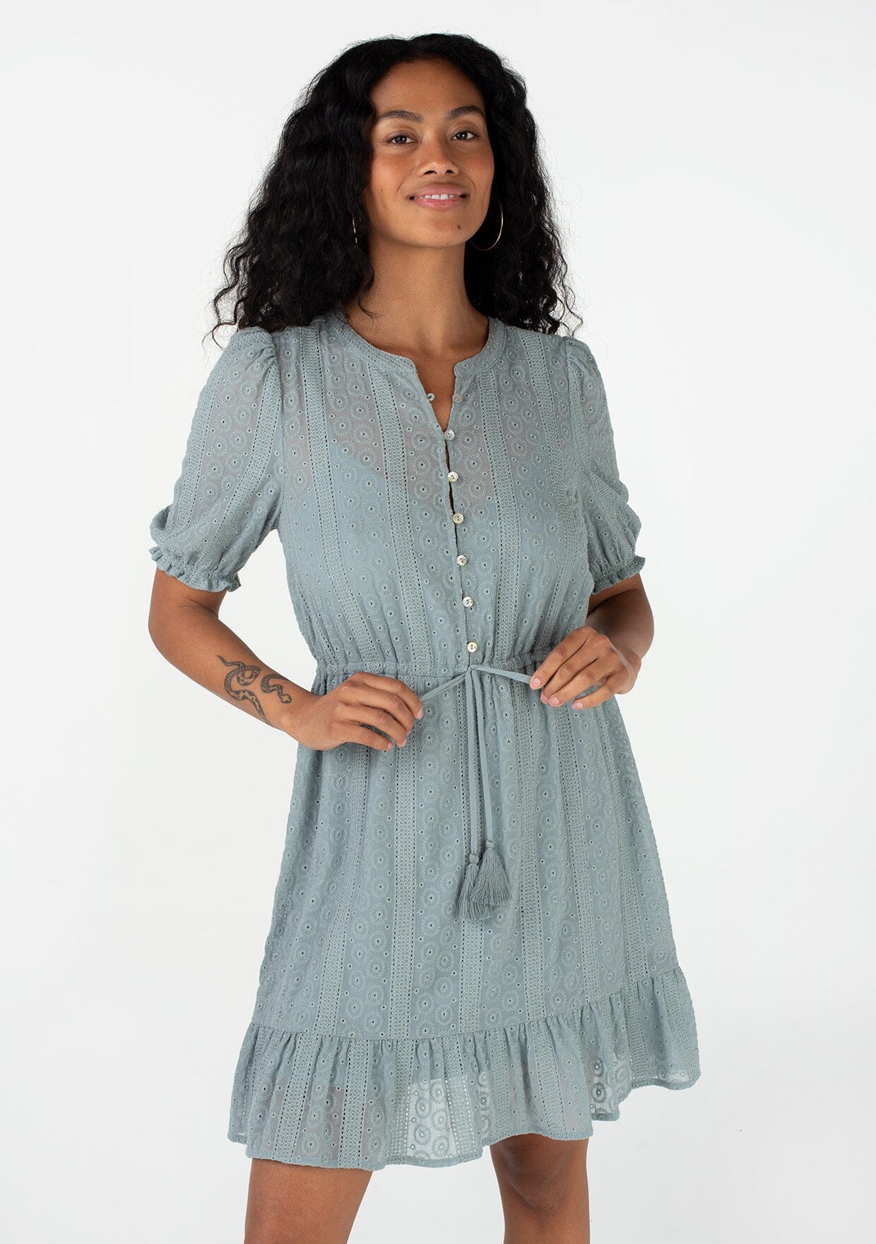 Women's Pretty Spring Mini Dress in Dusty Teal Eyelet | LOVESTITCH
