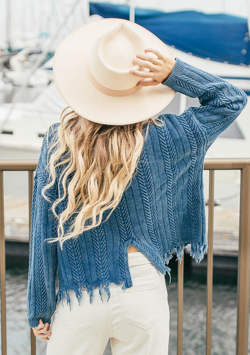 Indigo Cable Knit Fringe Sweater | LOVESTITCH