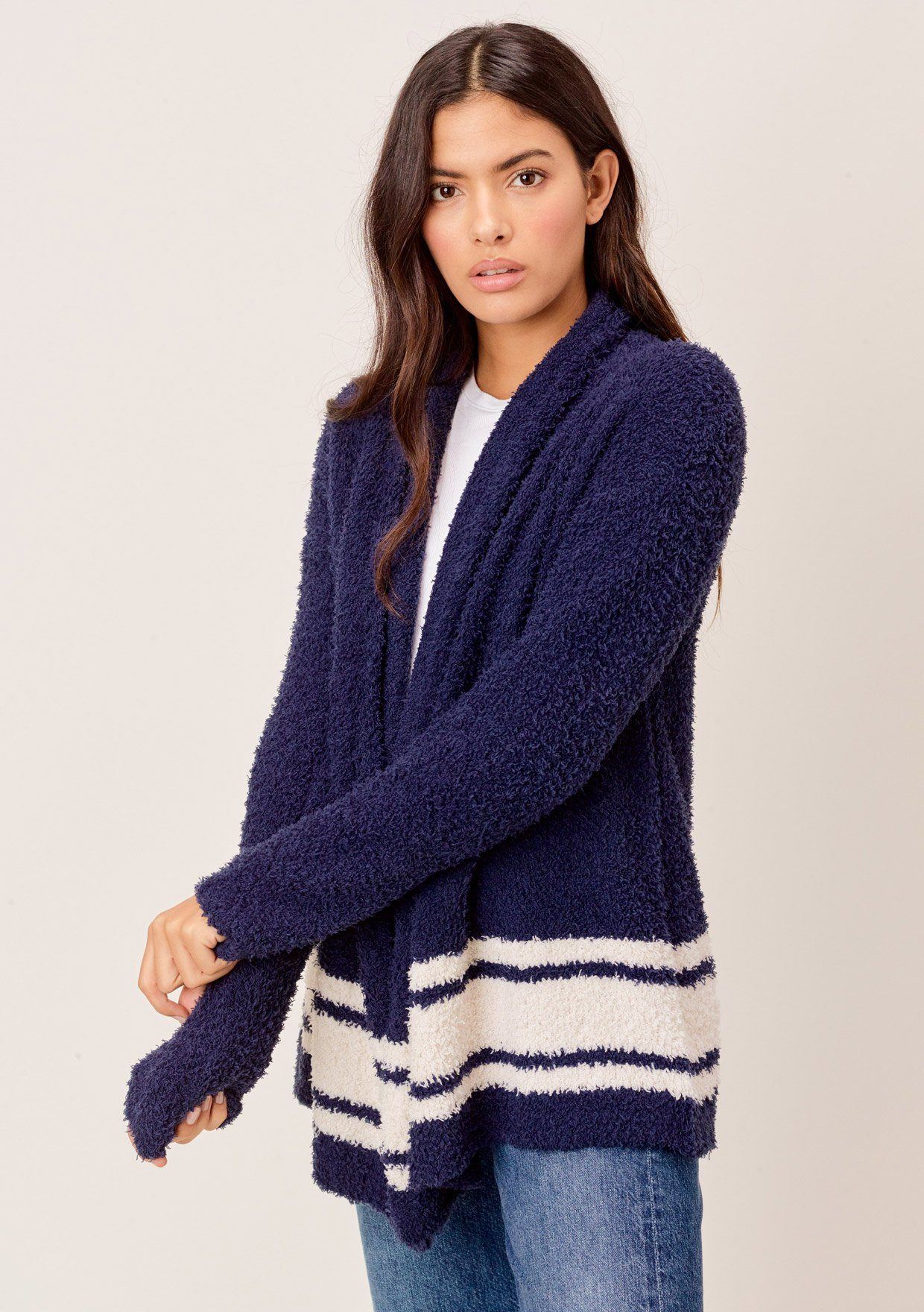 Soft Striped Fuzzy Open Cardigan | LOVESTITCH