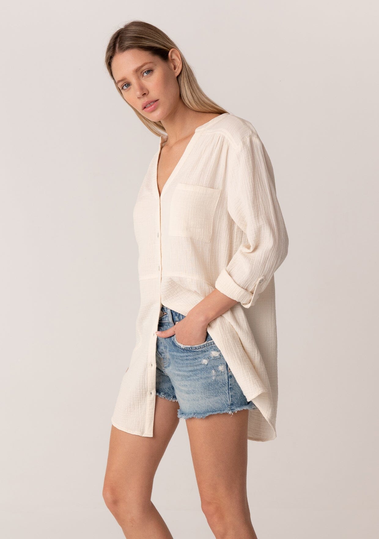Soft Airy Gauze Button Up Tunic Shirt | LOVESTITCH